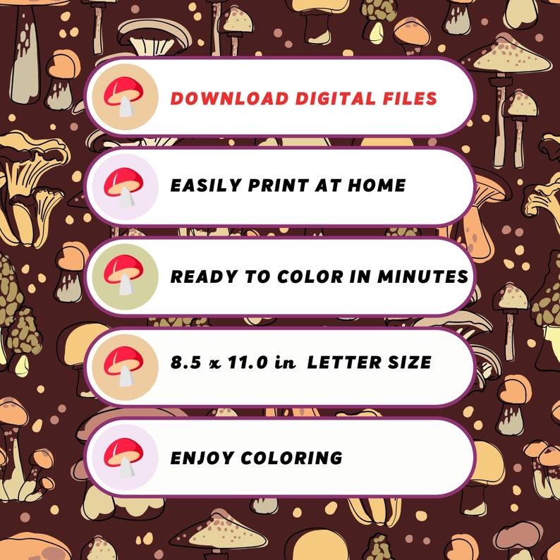 25 Mushrooms Coloring Page Book, Adults Kids Coloring Pages, Instant ...