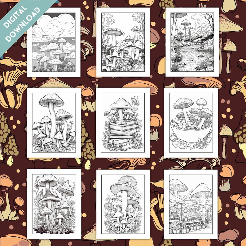 25 Mushrooms Coloring Page Book, Adults Kids Coloring Pages, Instant ...