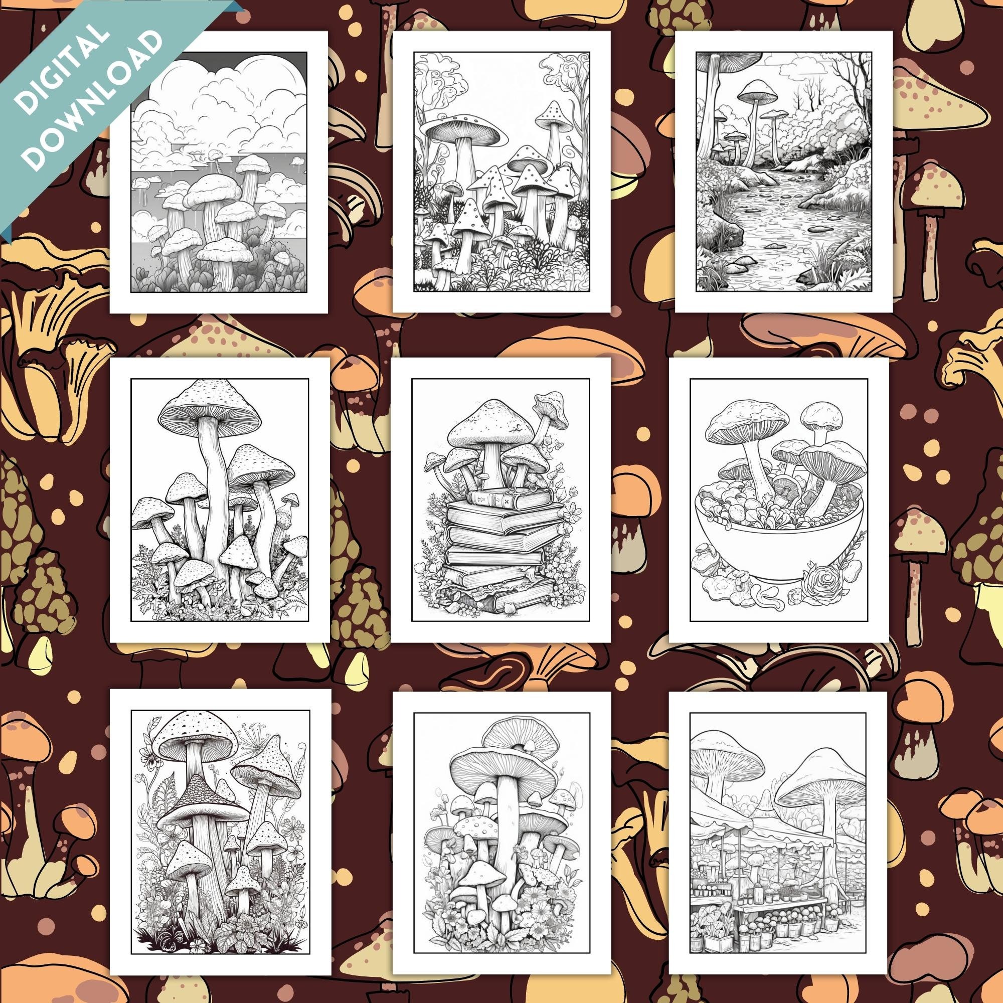 25 Mushrooms Coloring Page Book, Adults Kids Coloring Pages, Instant ...