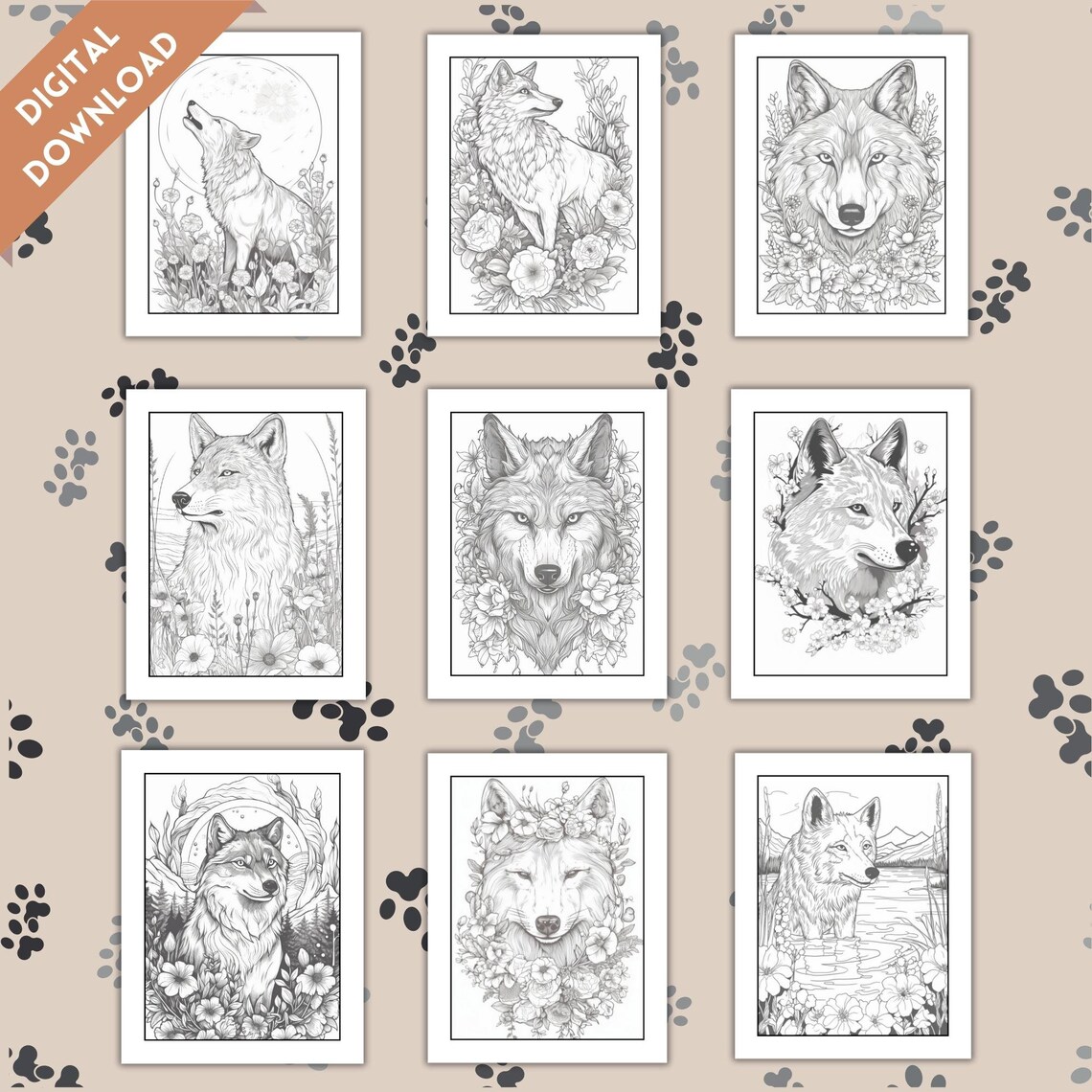 25 Wolf Coloring Pages for Adults, Printable Pdf, Instant Download, for ...