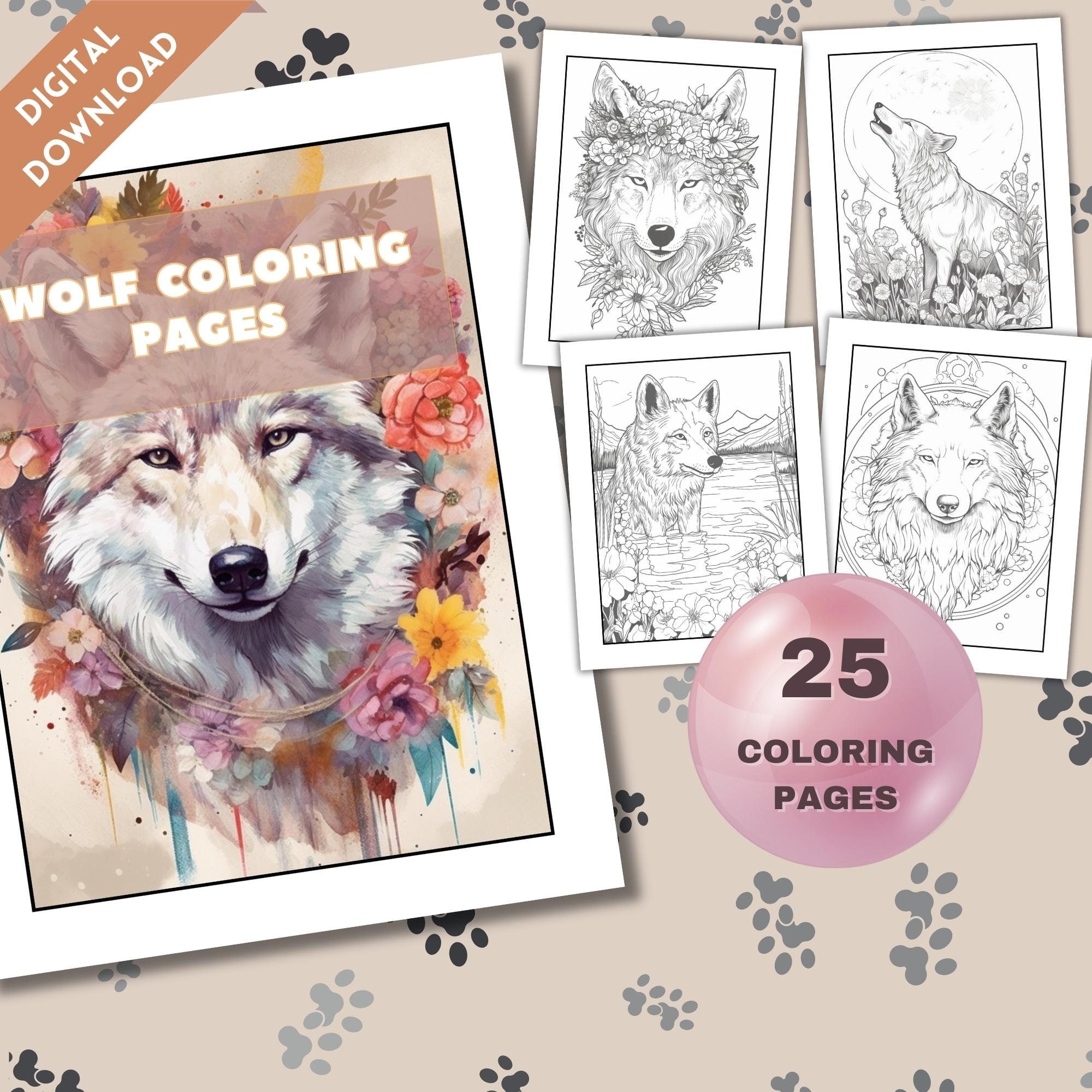 25 Wolf Coloring Pages for Adults, Printable Pdf, Instant Download, for ...