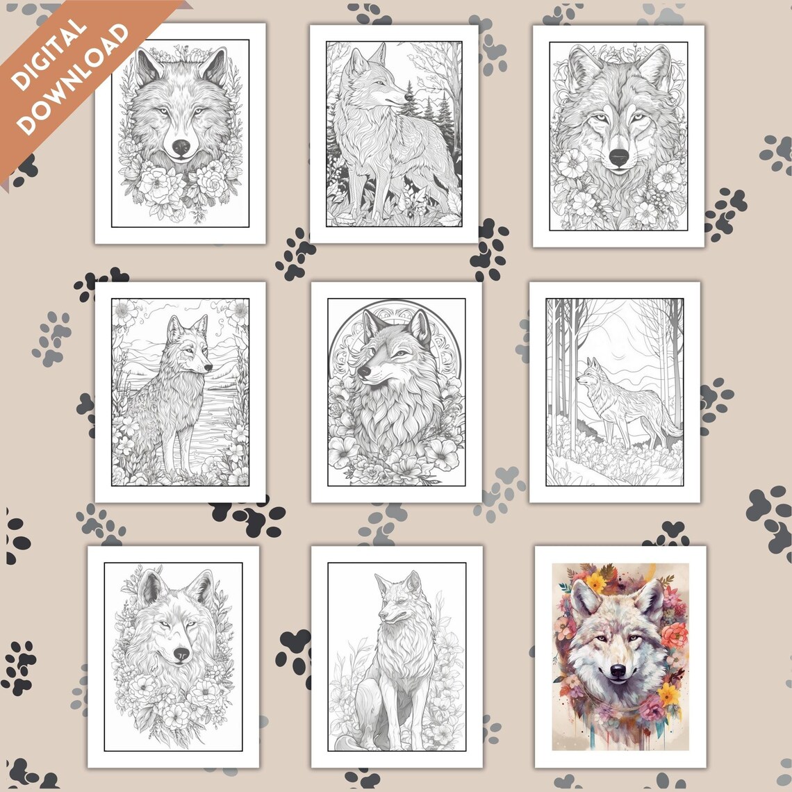 25 Wolf Coloring Pages for Adults, Printable Pdf, Instant Download, for ...