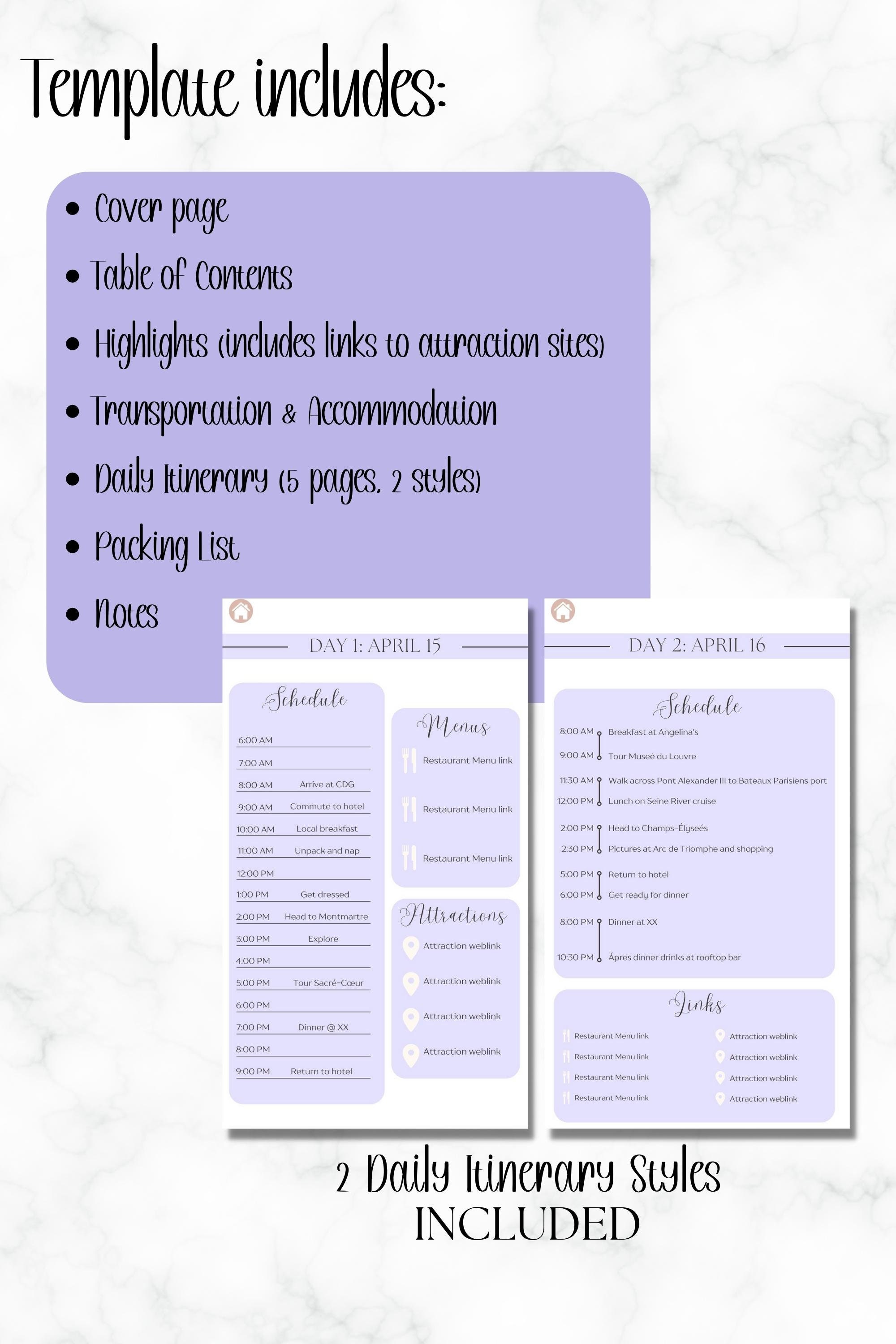 Digital Travel Itinerary Template, Customizable Daily Travel Itinerary ...