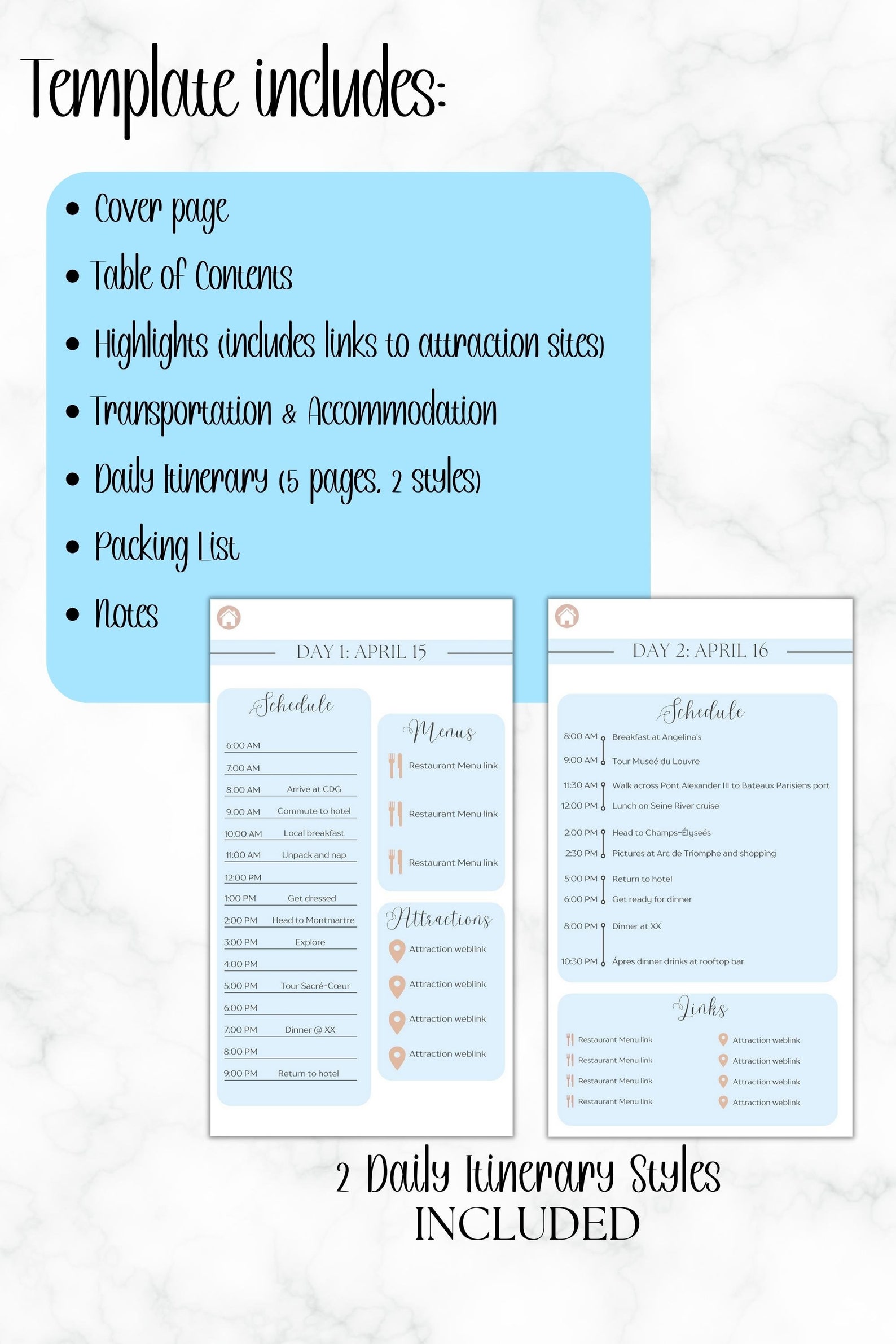 Digital Travel Itinerary Template, Customizable Daily Travel Itinerary ...