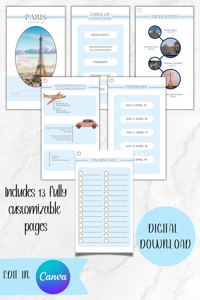 Digital Travel Itinerary Template, Customizable Daily Travel Itinerary ...