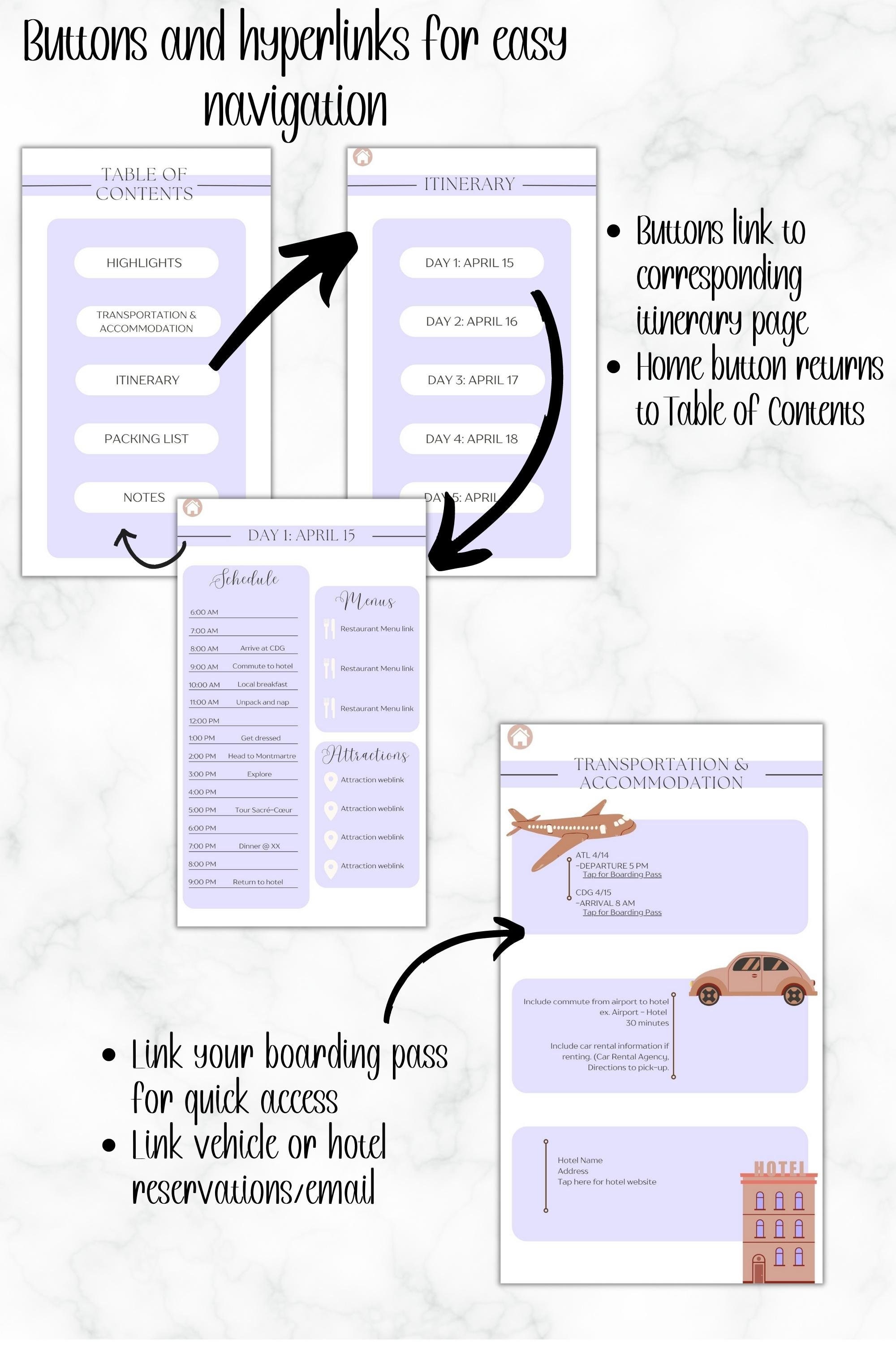 Digital Travel Itinerary Template, Customizable Daily Travel Itinerary ...