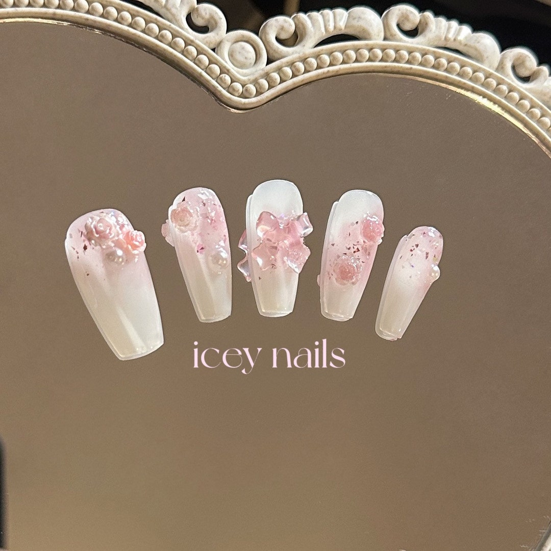 Creamyrose Press on Nails | Icey Luxury Handmade Press on Nails | Pink ...