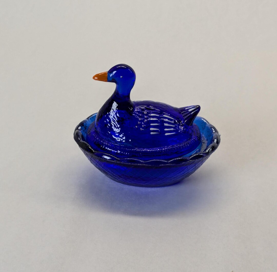 RARE BOYD Cobalt Blue Hand Painted Glass Duck on Nest Salt Cellar, Duck ...
