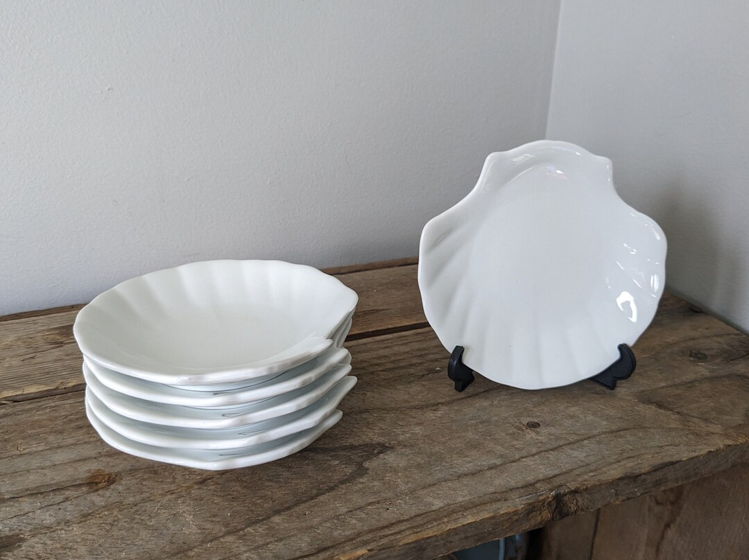 Vintage SHELL Plates SET of 6, White Porcelain Scallop, Clamshell Snack ...