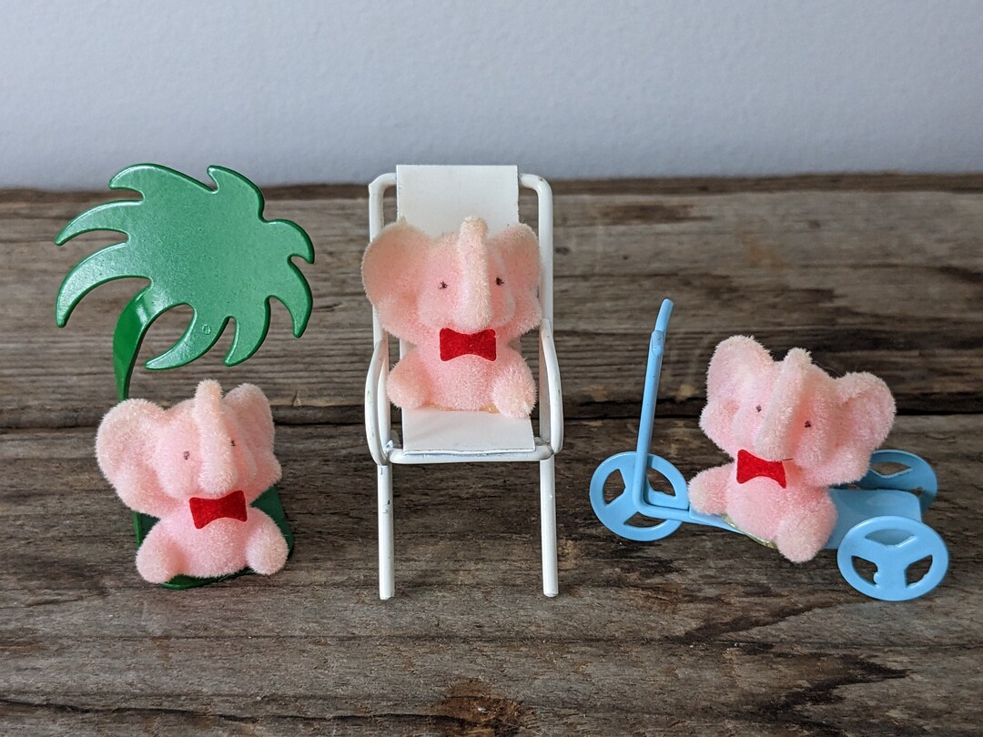 Vintage Fuzzy Pink Elephants Cake Toppers, Flocked Kitsch Red Bow ...