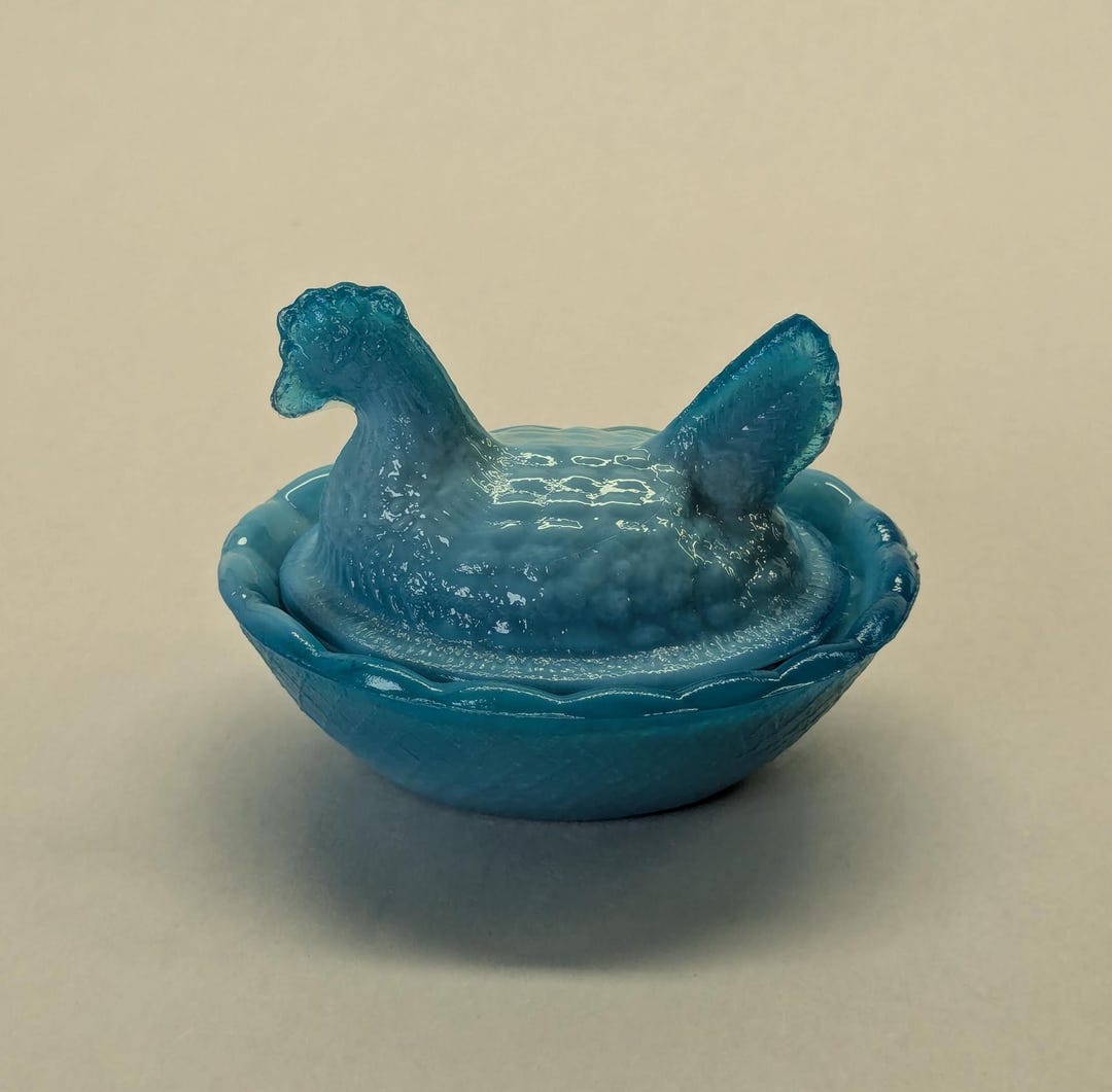 RARE! Opaque Light Blue Slag Glass Hen on Nest Salt Cellar, Chicken on ...