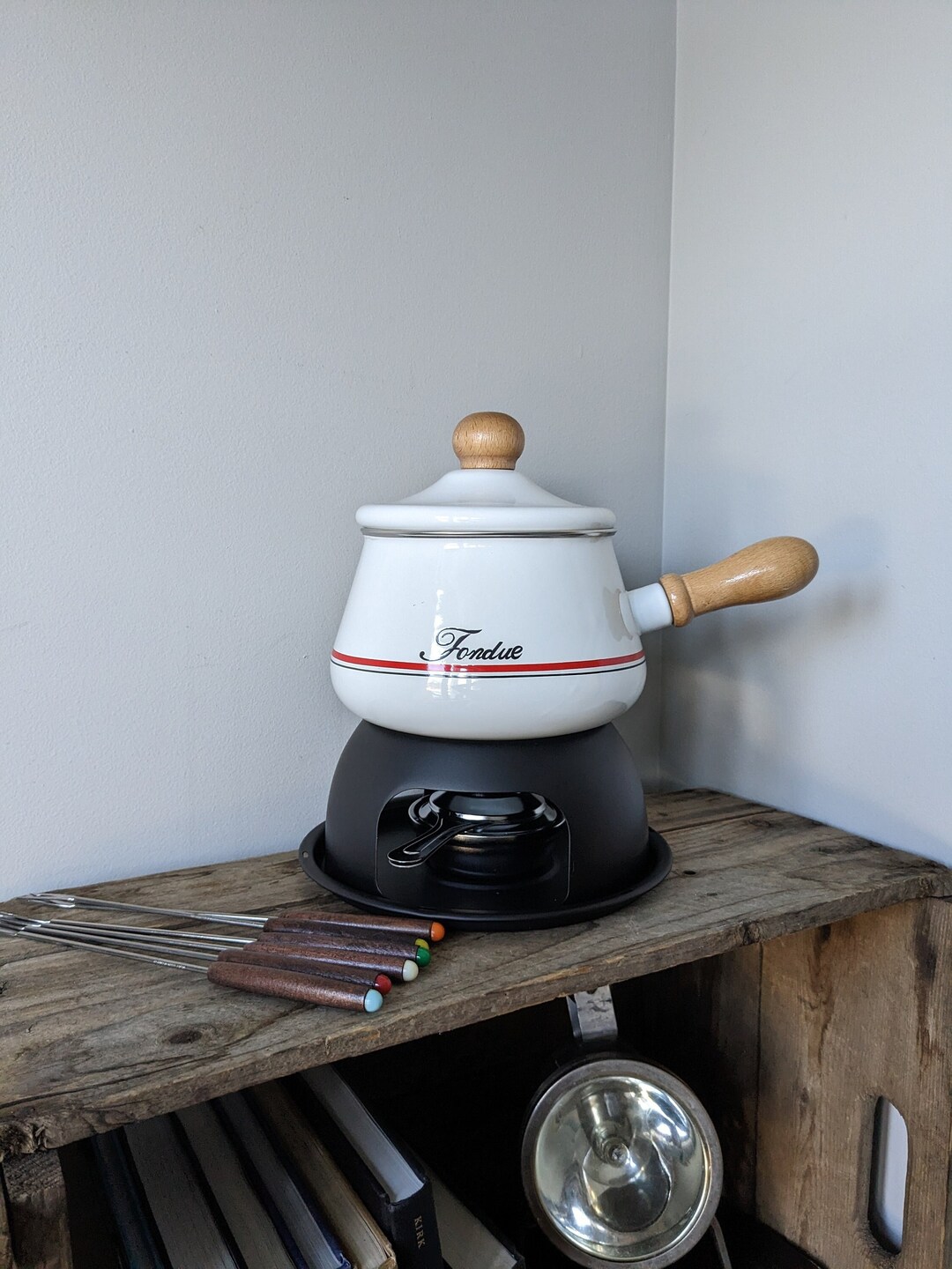 Vintage 80s Fondue Pot Complete 11 Pieces Set, Porcelain Enamel Classic ...