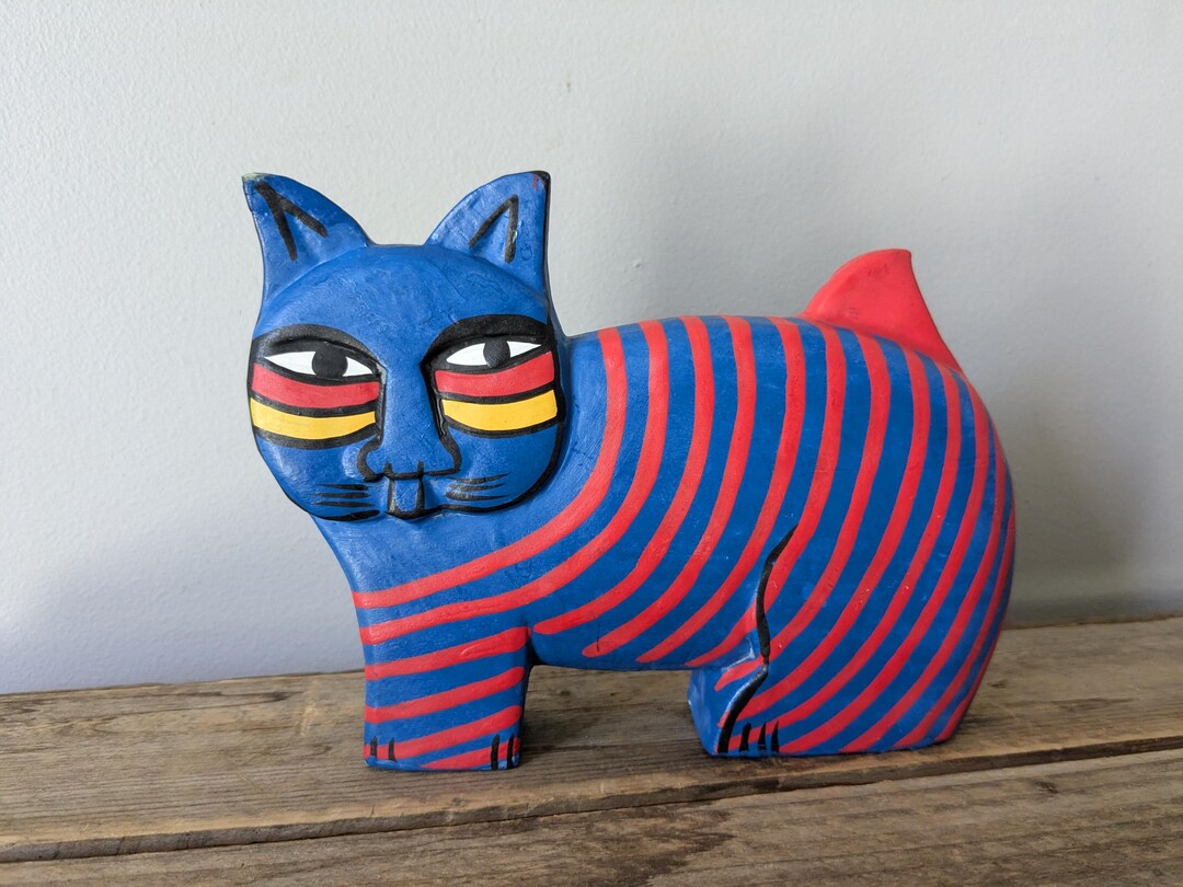 Vintage LAUREL BURCH Colorful Wooden Cat, Folk Art Carved Sculpture ...