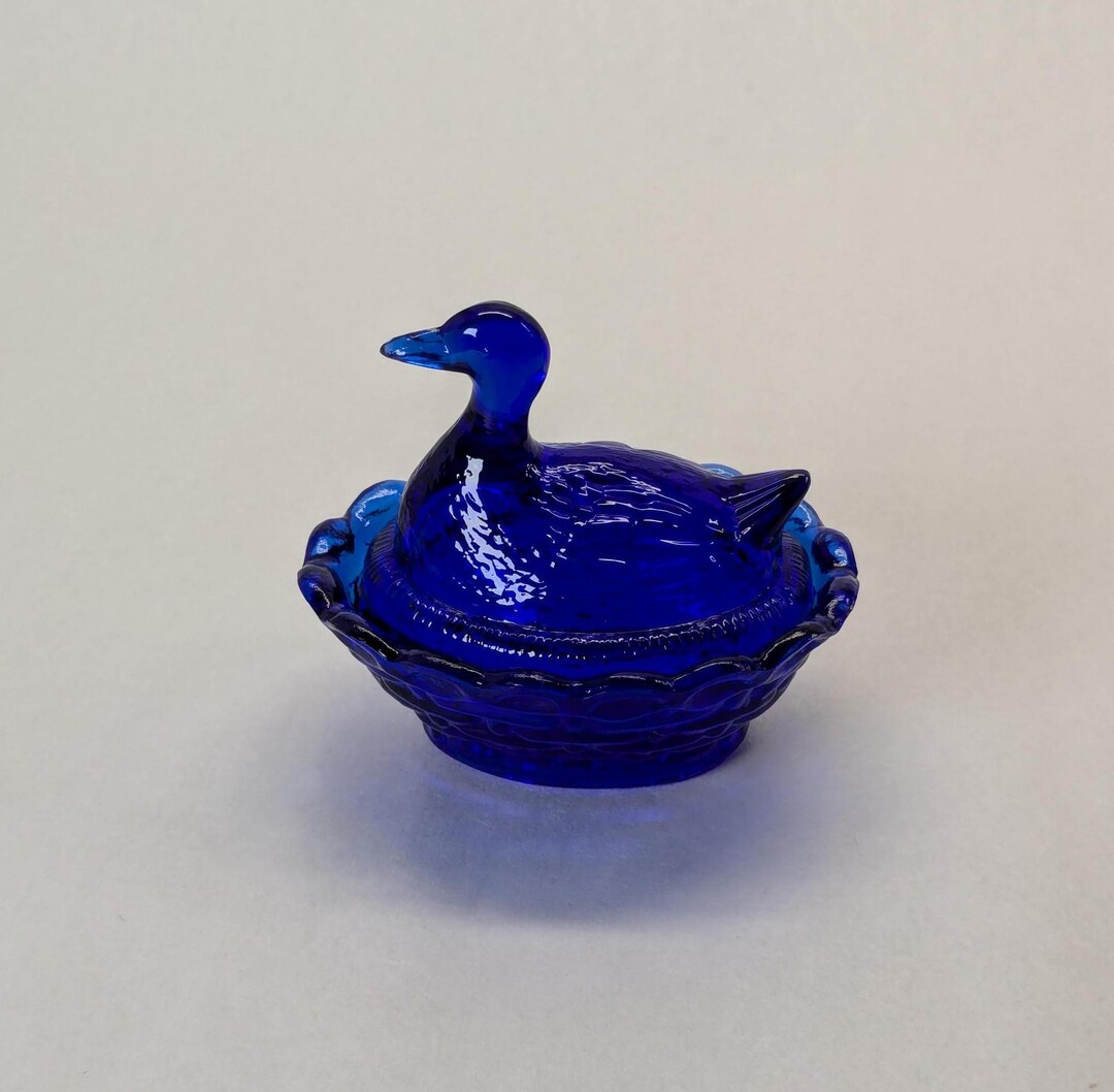 BOYD Cobalt Blue Glass Duck on Nest Salt Cellar, Duck on Basket, MINT ...