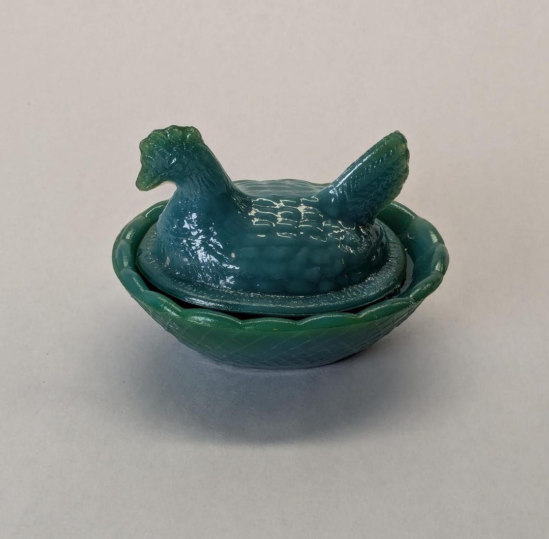 RARE! Opaque Teal Blue Green Slag Glass Hen on Nest Salt Cellar ...