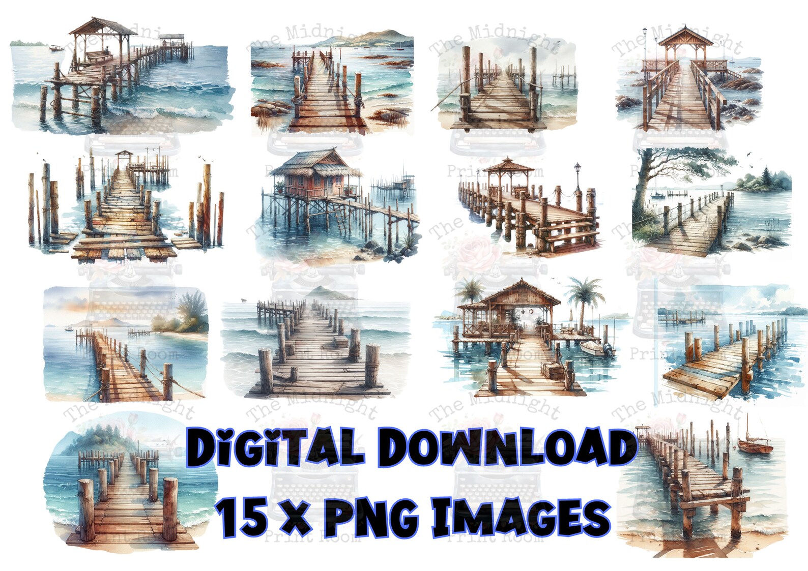 Digital Download Files Watercolour Painting Style Wooden Jetty ...