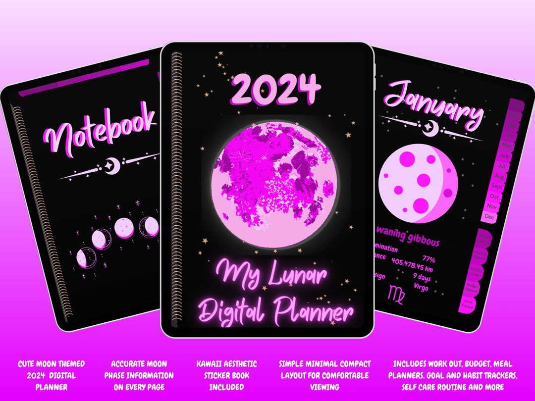 Purple and Black 2024 Digital Planner 2024 Moon Digital Planner Purple ...