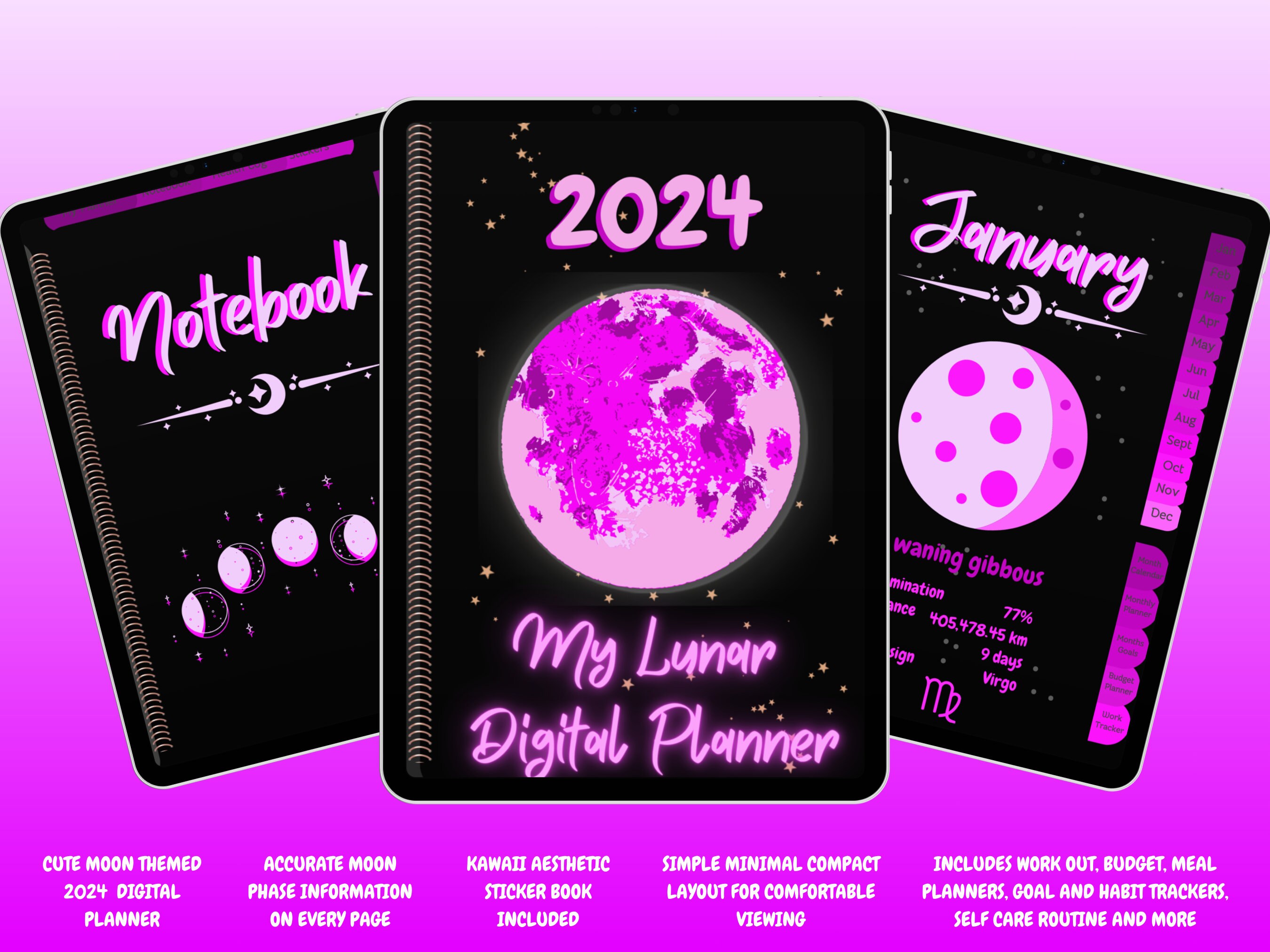 Purple and Black 2024 Digital Planner 2024 Moon Digital Planner Purple ...