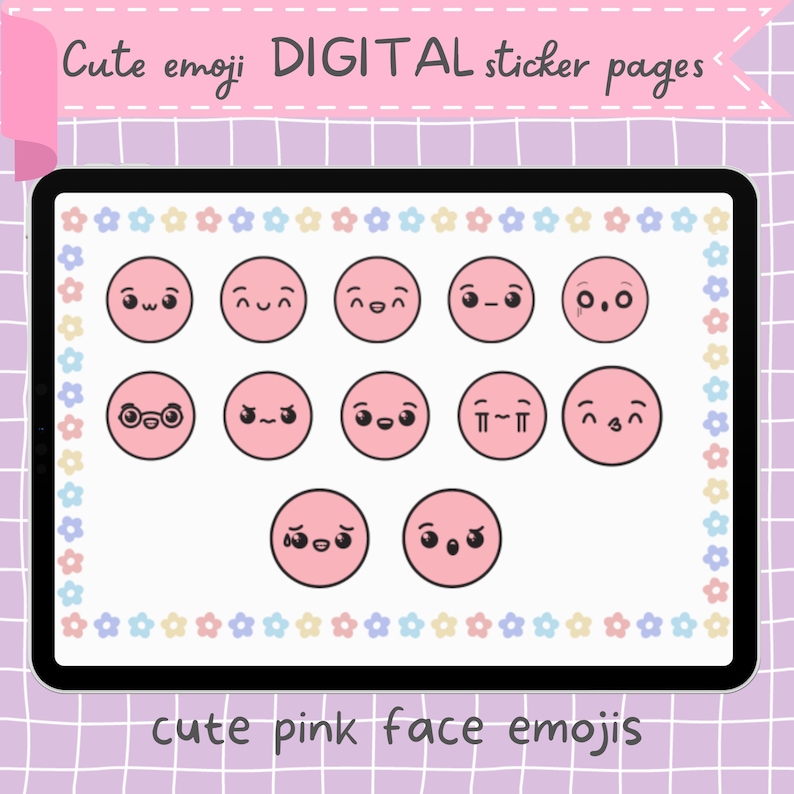Cute Pink Kawaii Emoji Stickers Digital Download Pink Digital Stickers ...