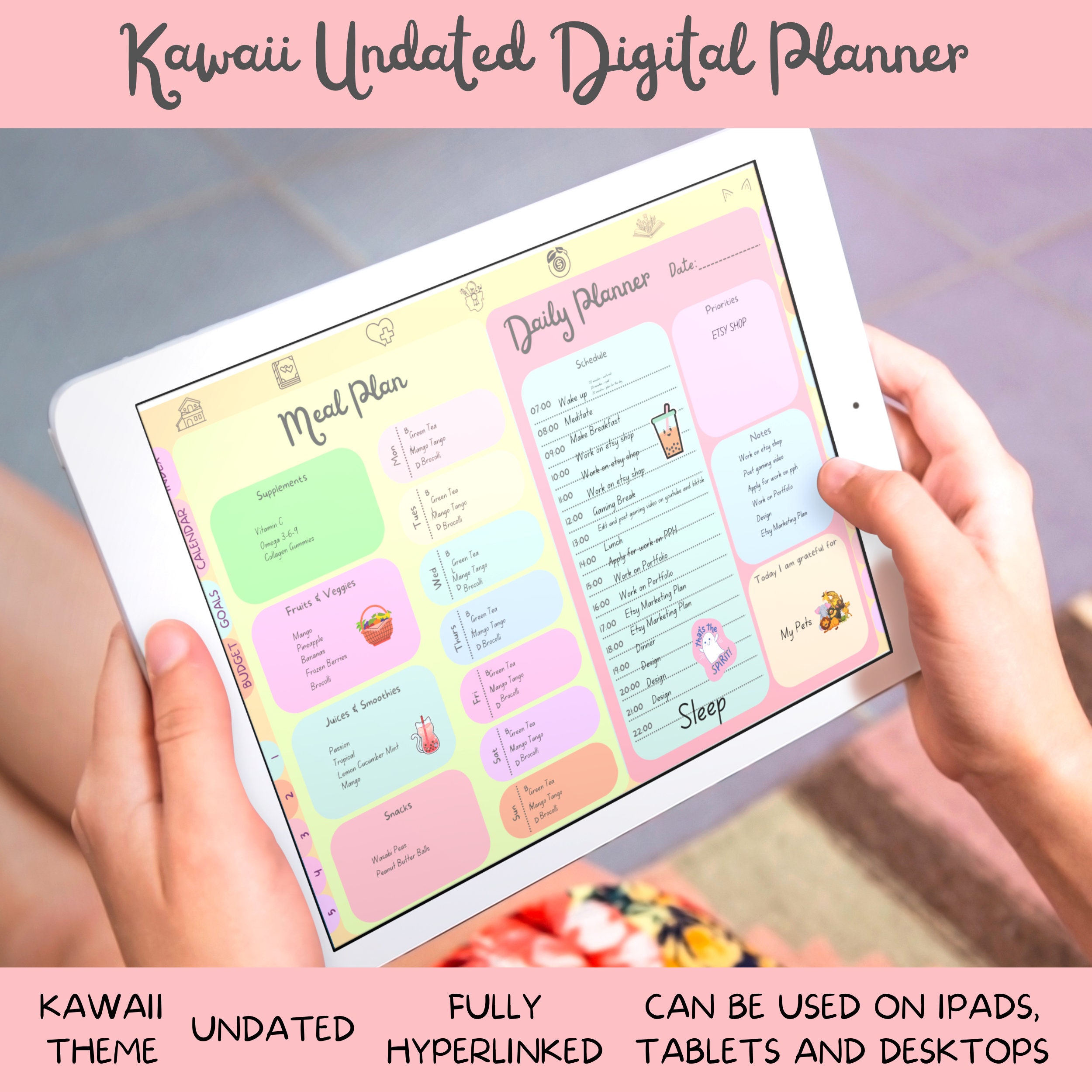 Undated Kawaii Pastel Cute Digital Planner Mid Year Undated iPad ...