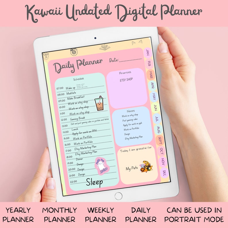 Undated Kawaii Pastel Cute Digital Planner Mid Year Undated iPad ...