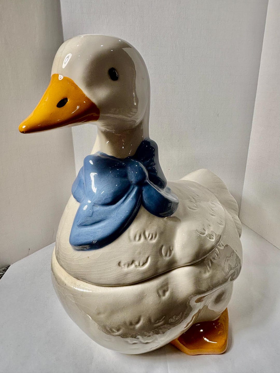 Vintage Ceramic Goose Cookie Jar White With Blue Bow 10 Inch