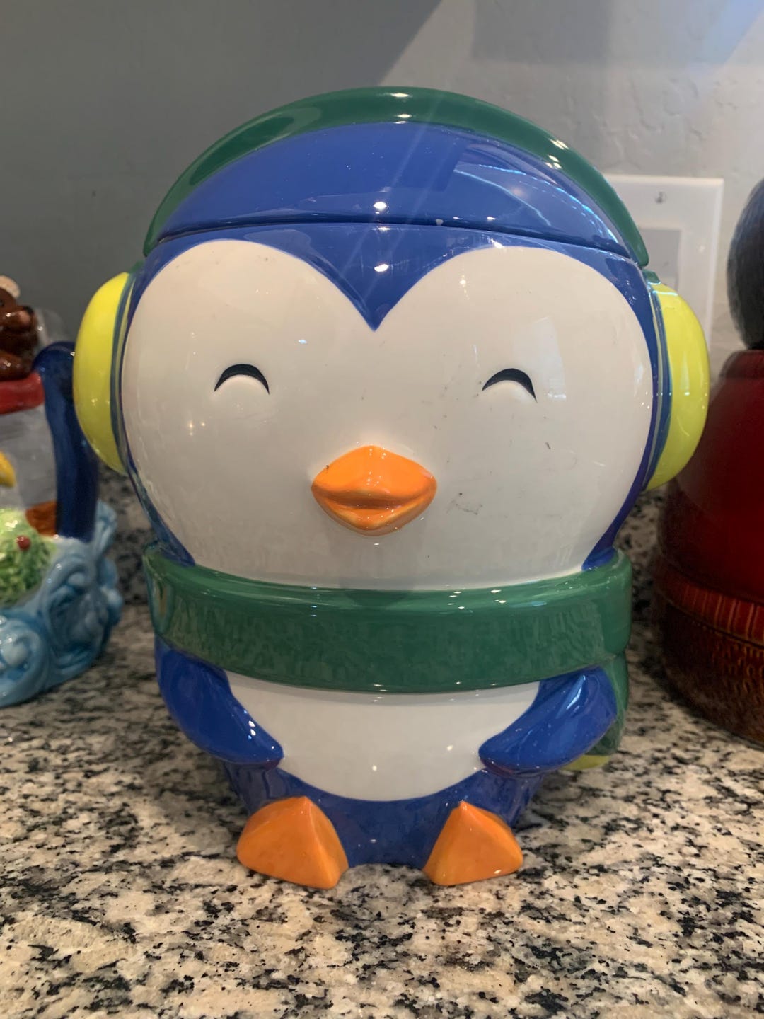 Adorable Ceramic Penguin Cookie Jar With Earmuffs – Winter Holiday ...