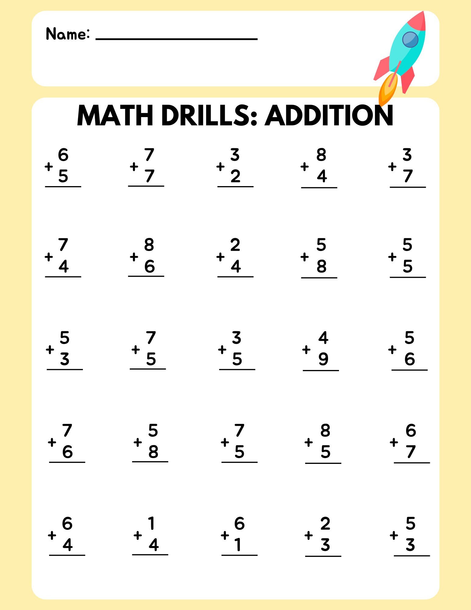 Math Drill Addition Worksheet 5 - Etsy