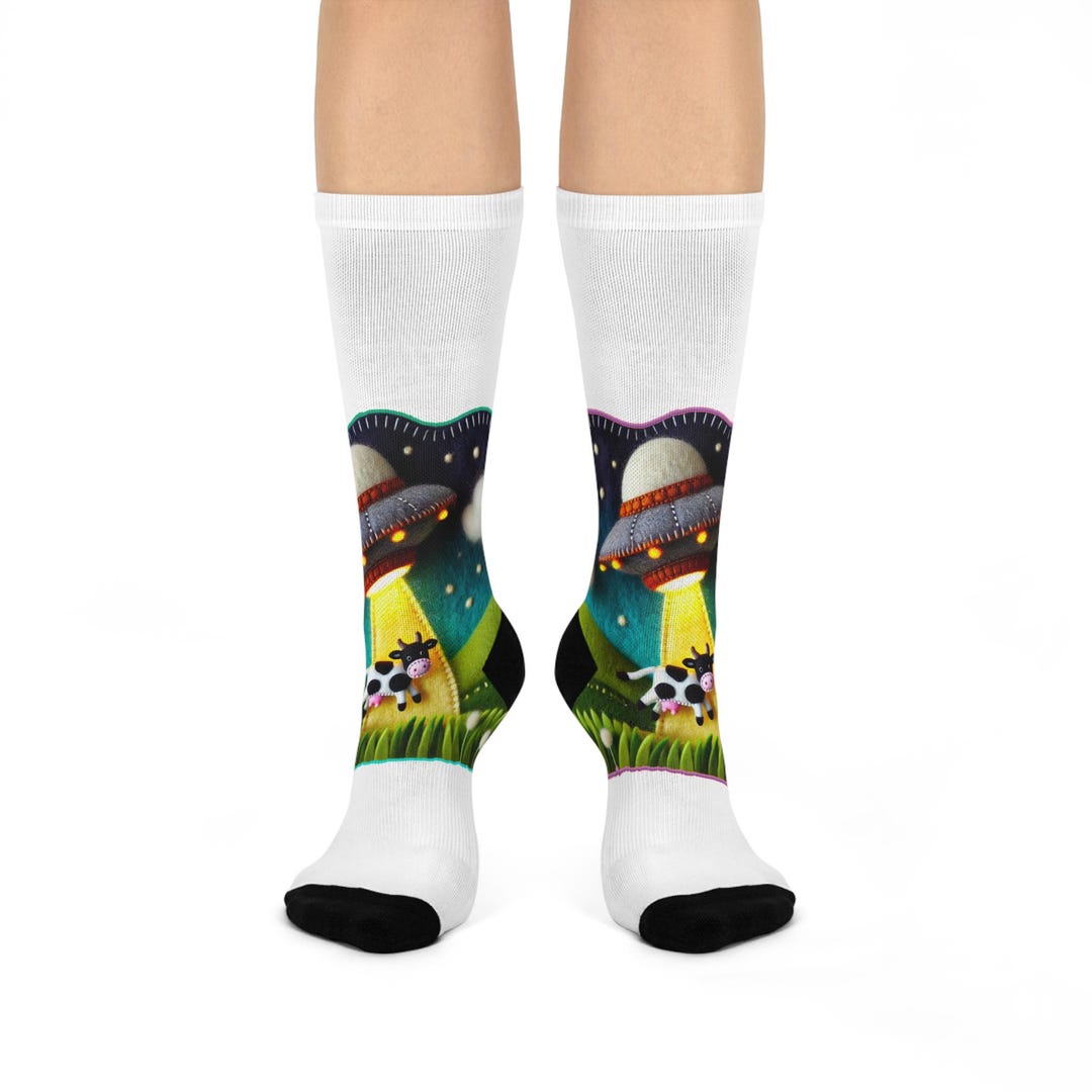 Cushioned Crew Socks Cute Felt Style UFO Abducting a Cow, Funny Ankle ...