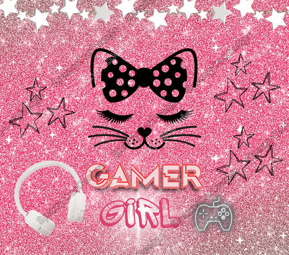 Gamer Girl Cat 20 Oz Skinny Tumbler PNG Sublimation Design, Digital ...