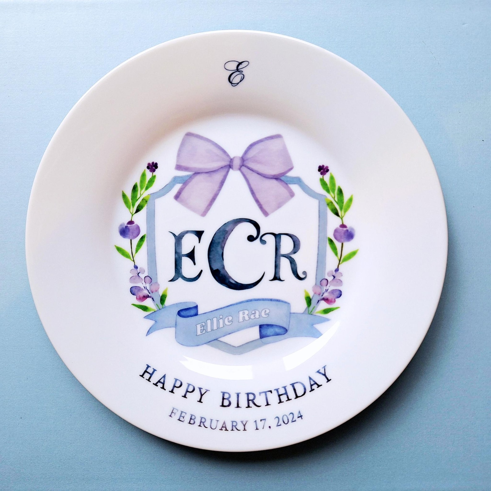 Personalized Ceramic Birthday Plate: Monogram Initial, Watercolor Bow ...