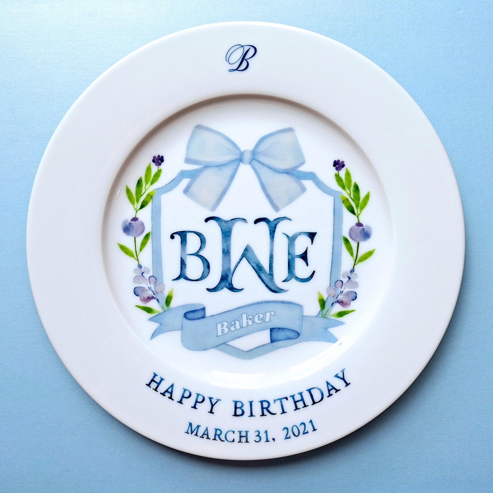 Personalized Ceramic Birthday Plate: Monogram Initial, Watercolor Bow ...