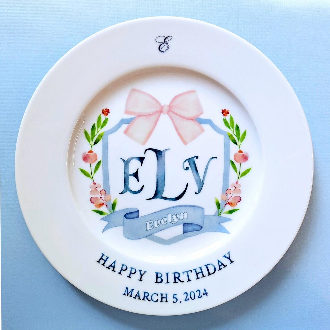First Birthday Plate for Girls With Pink Bow / Personalized Ceramic ...