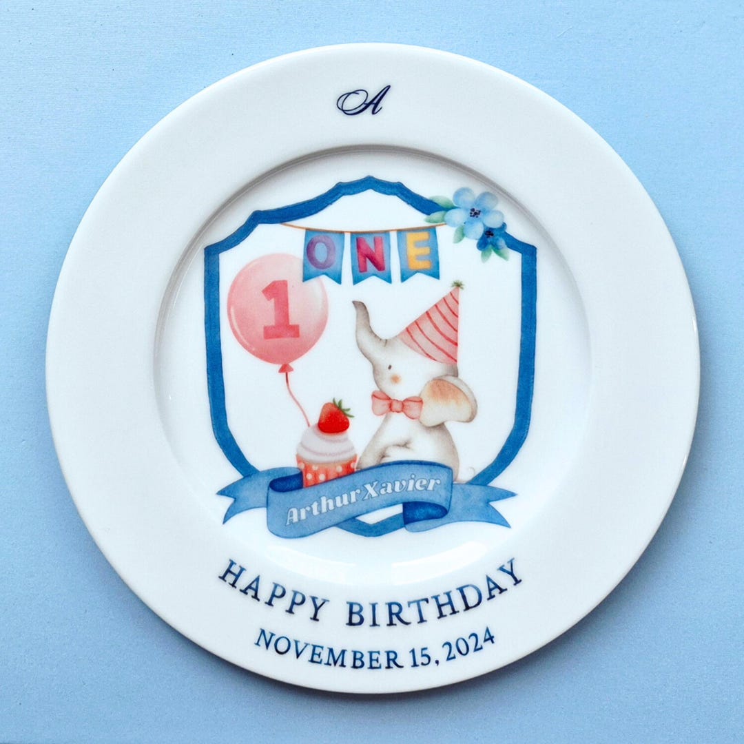 Personalized Ceramic First Birthday Plate With Elephant Baby Girl Gift ...
