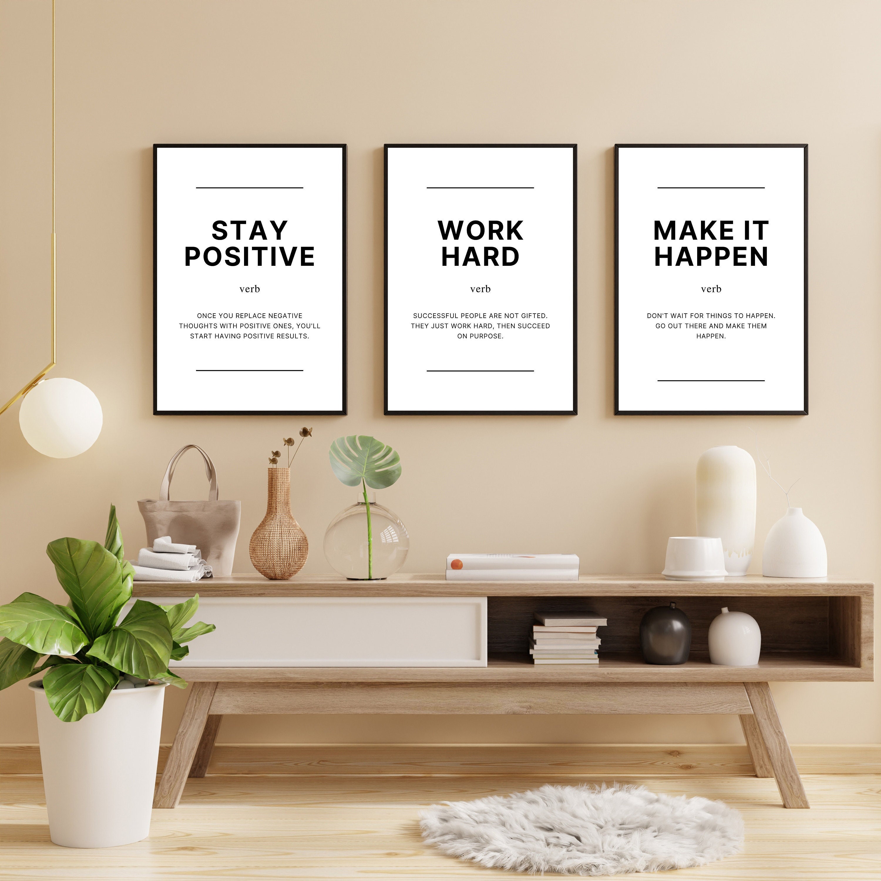 Stay Positive Work Hard Make It Happen Set of 3 Prints Home Office ...