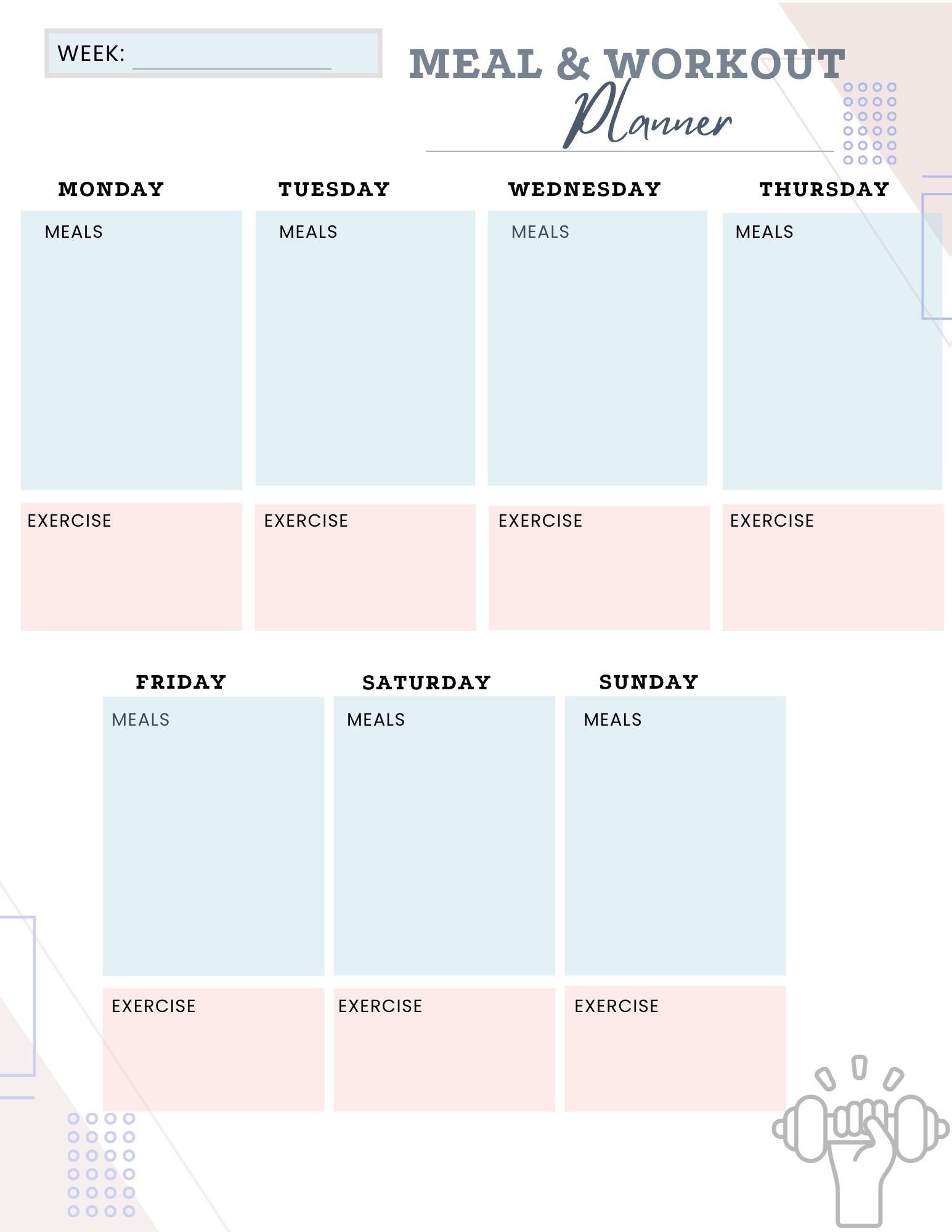 Weekly Meal & Workout Printable Planner, One-page, - Etsy