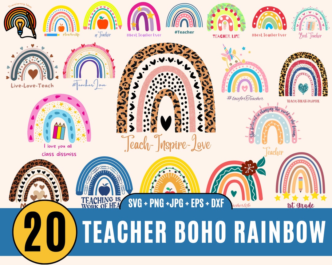Boho Rainbow Teacher Svg Bundle, Teacher Shirt Svg, Teacher Mode Svg ...