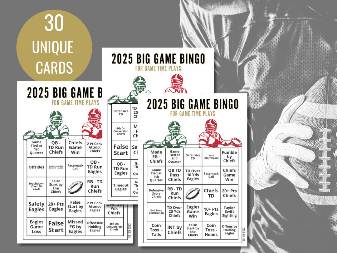 Super Big Game Bingo 30 Cards | 2025 Big Game Bingo | Football Bingo ...