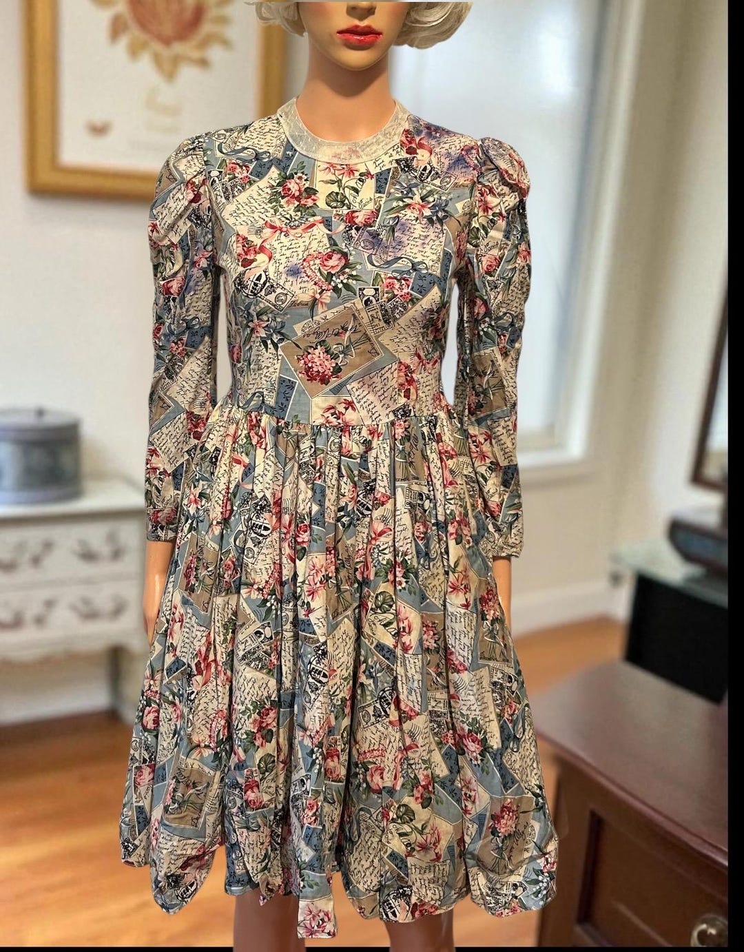 Vintage Sarah Kent Fit & Flare Dress, Novelty Print Dress With Stamp ...