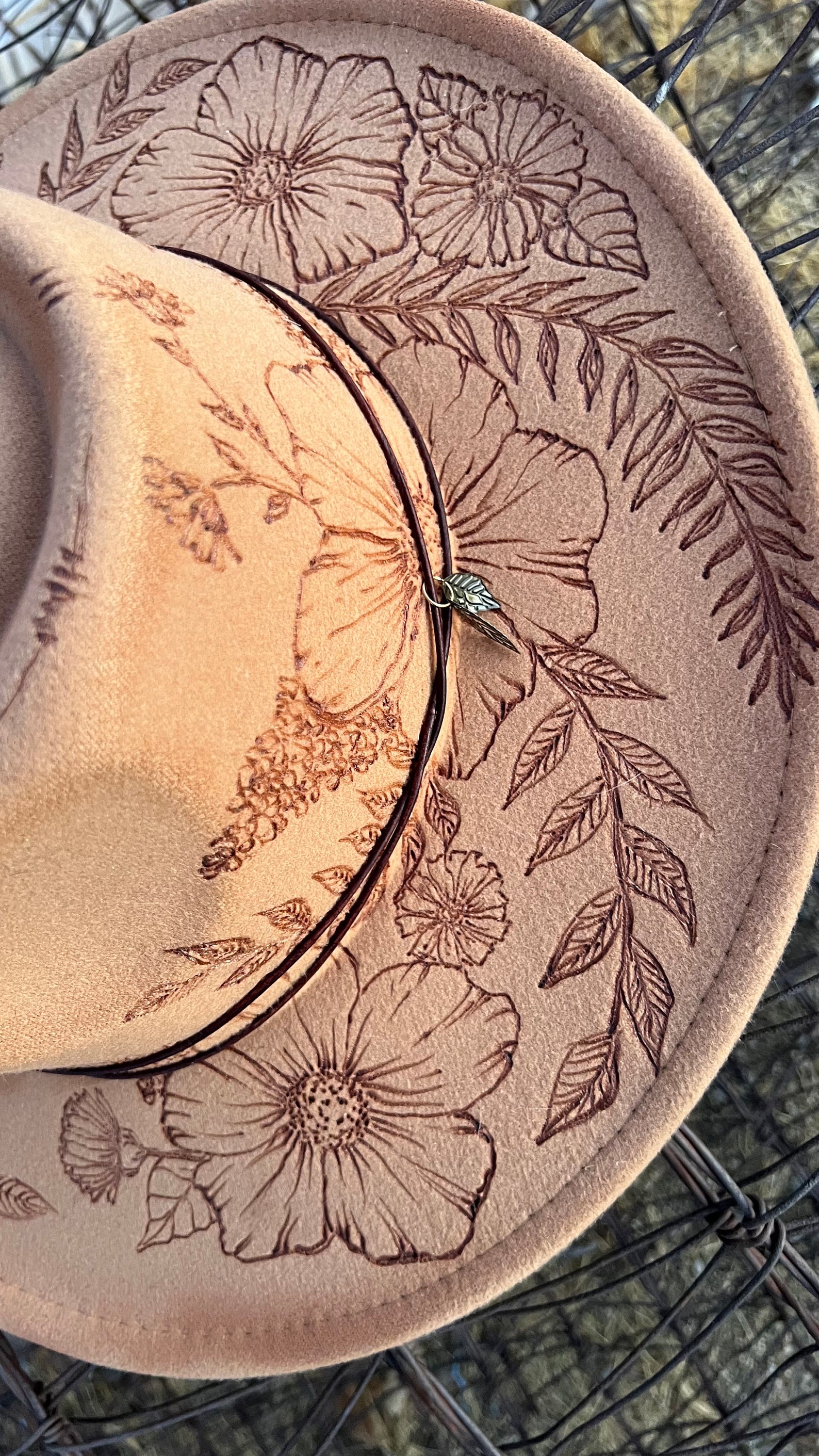 Beautiful Original Floral Freehand Custom Felt Burned Wide Rim Fedora ...