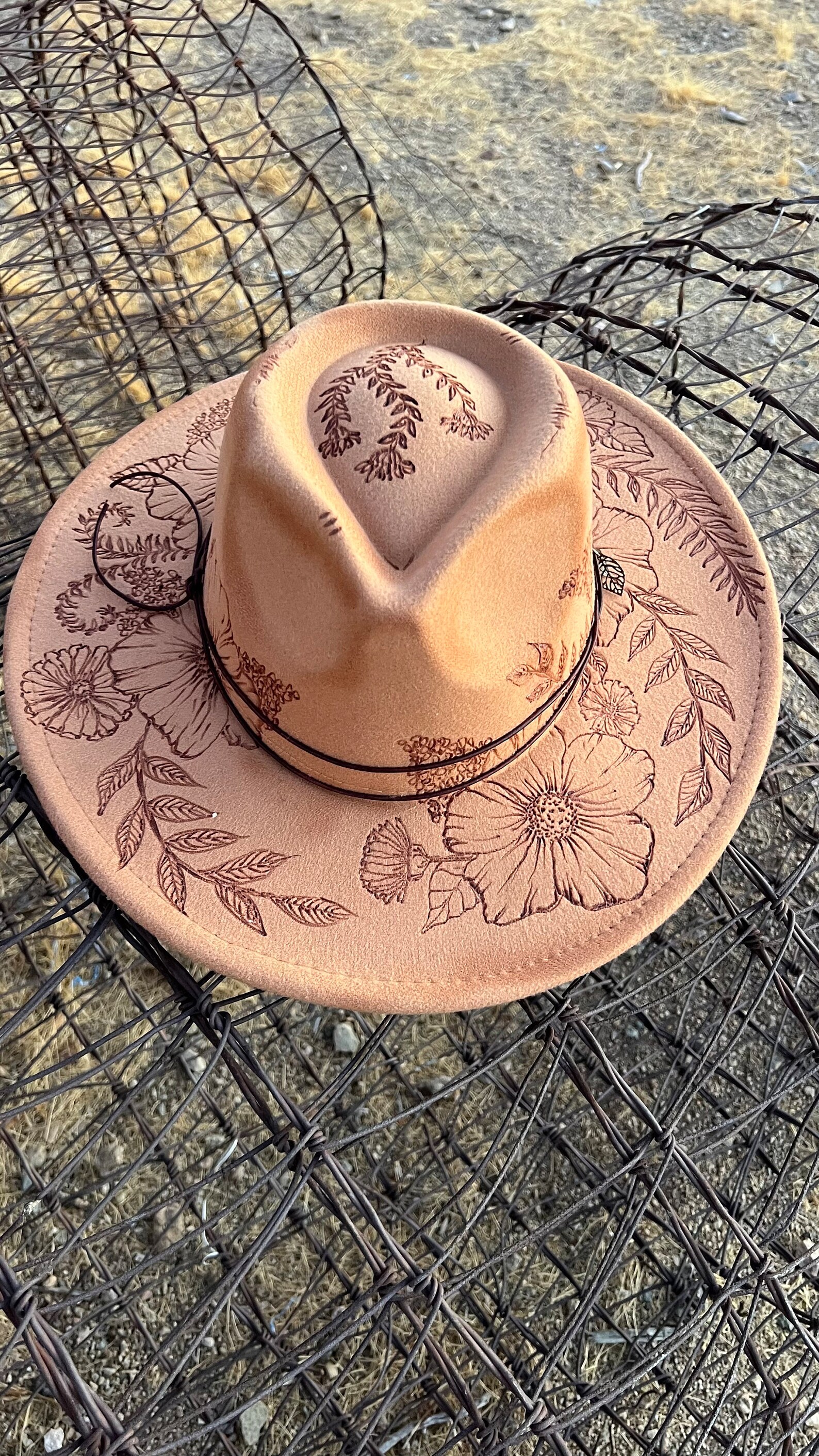 Beautiful Original Floral Freehand Custom Felt Burned Wide Rim Fedora ...