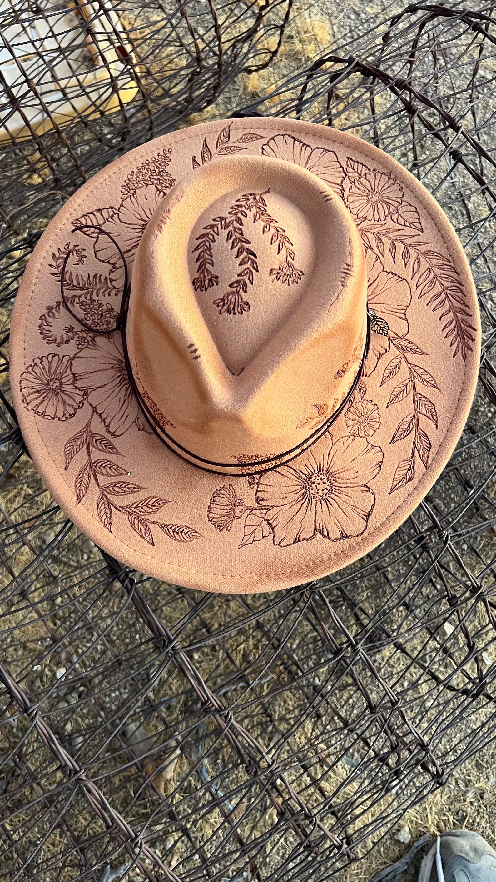 Beautiful Original Floral Freehand Custom Felt Burned Wide Rim Fedora ...