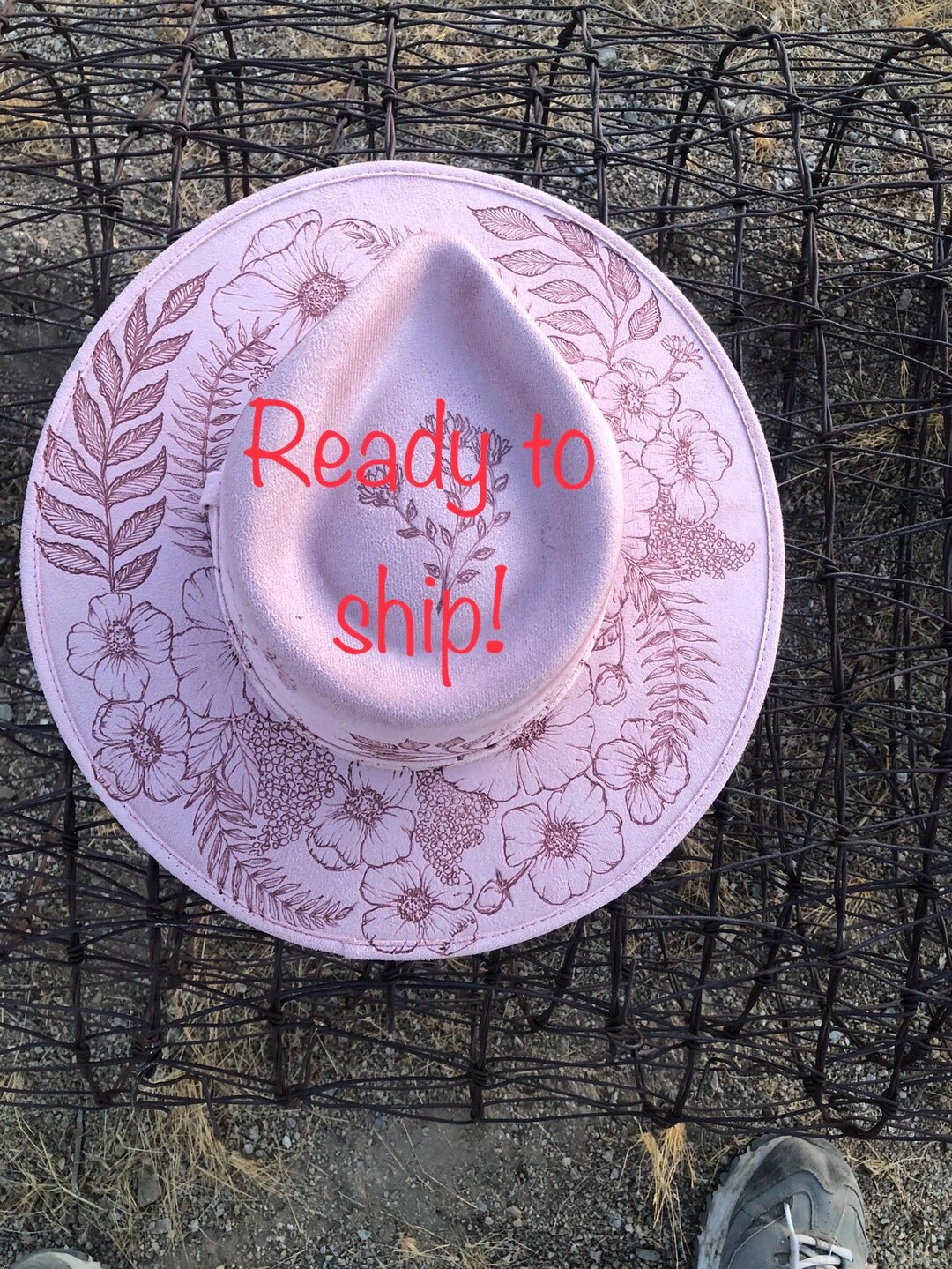 Beautiful Original Floral Freehand Custom Felt Burned Wide Rim Fedora ...