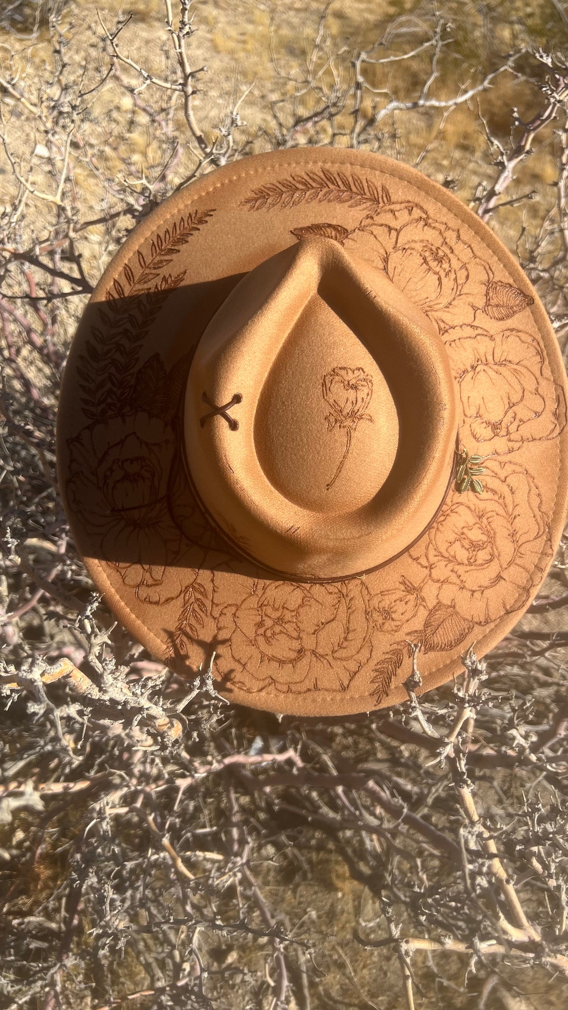 Beautiful Original Floral Freehand Custom Felt Burned Wide Rim Fedora ...