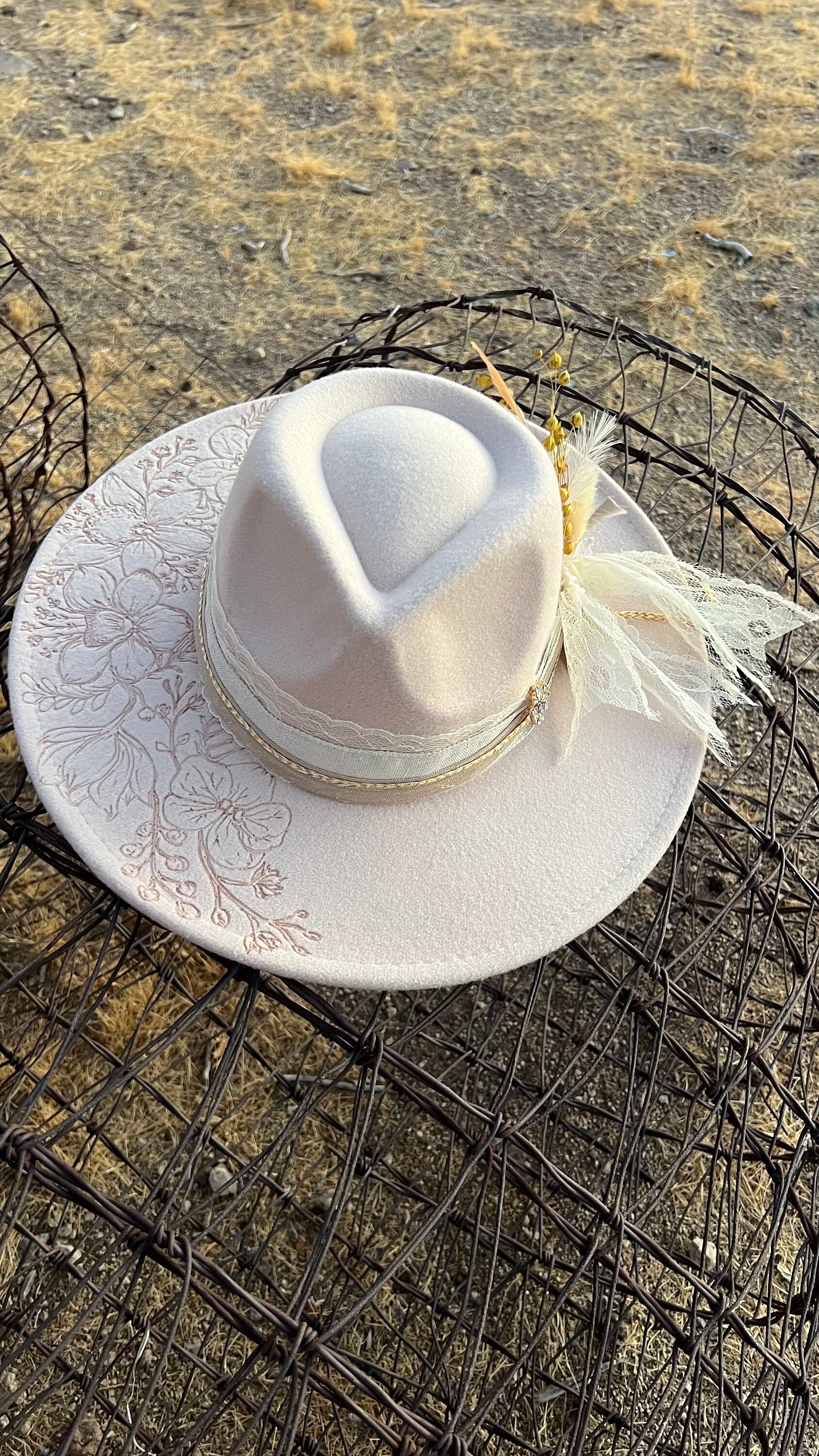 Beautiful Original Floral Freehand Custom Felt Burned Wide Rim Fedora ...