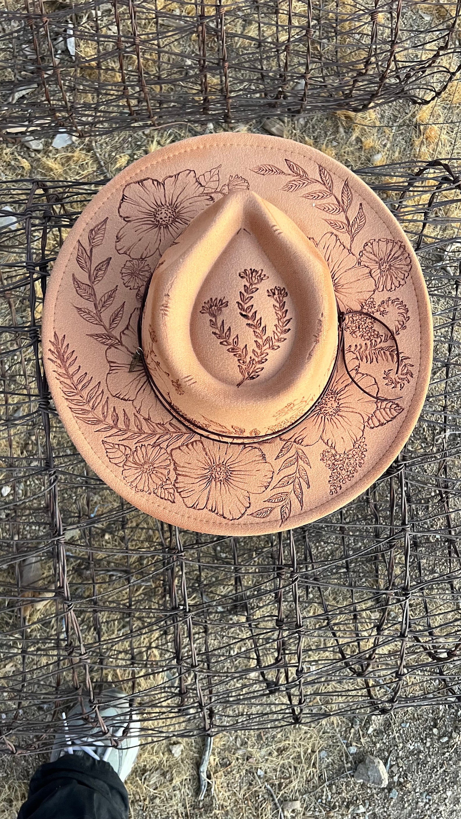 Beautiful Original Floral Freehand Custom Felt Burned Wide Rim Fedora ...