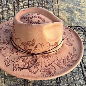 Beautiful Original Floral Freehand Custom Felt Burned Wide Rim Fedora ...