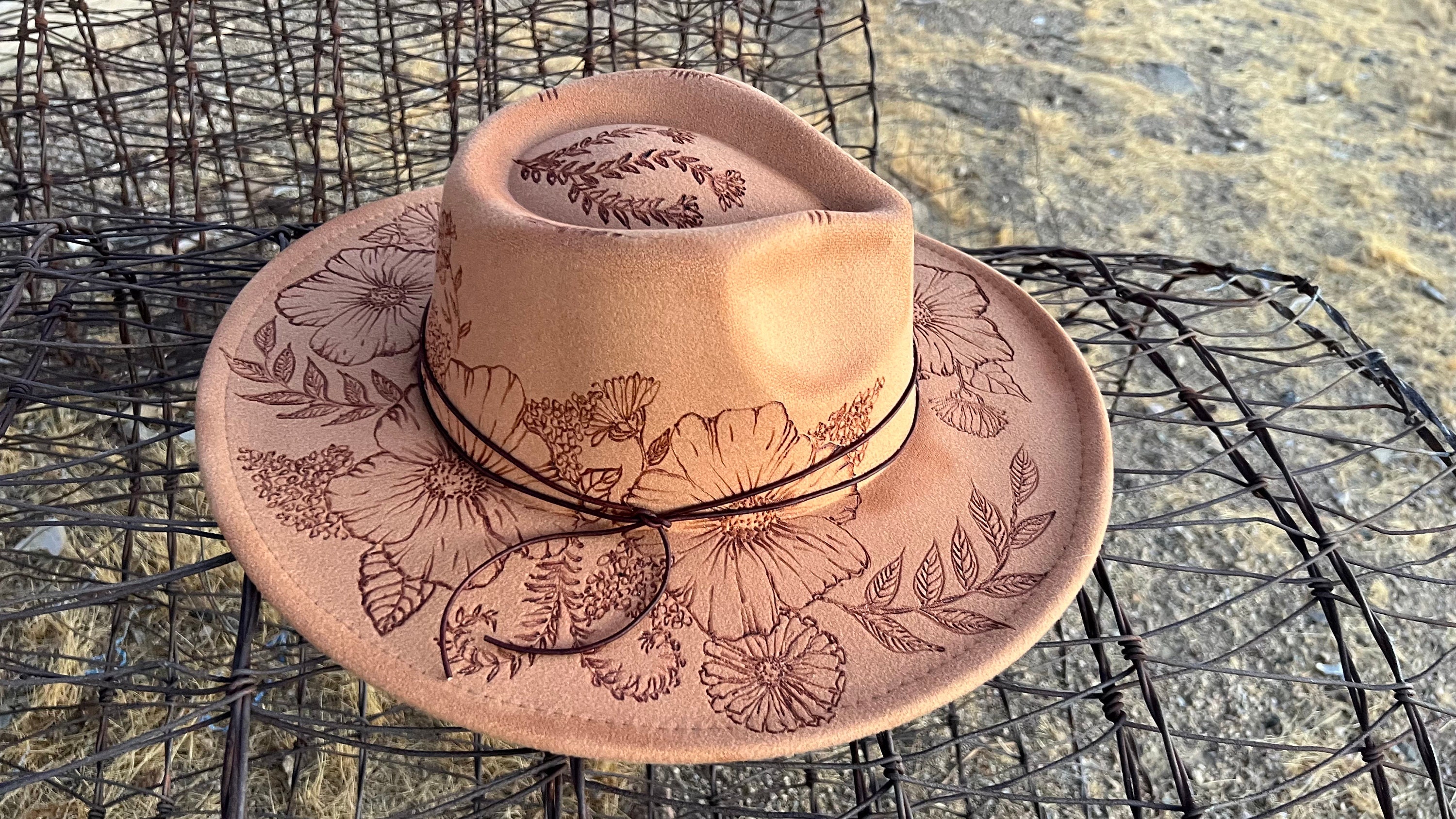Beautiful Original Floral Freehand Custom Felt Burned Wide Rim Fedora ...