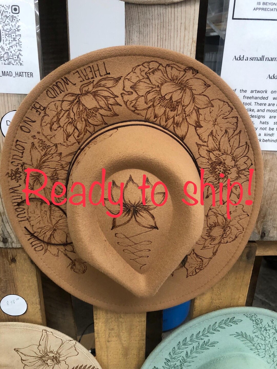 Beautiful Original Floral Freehand Custom Felt Burned Wide Rim Fedora ...
