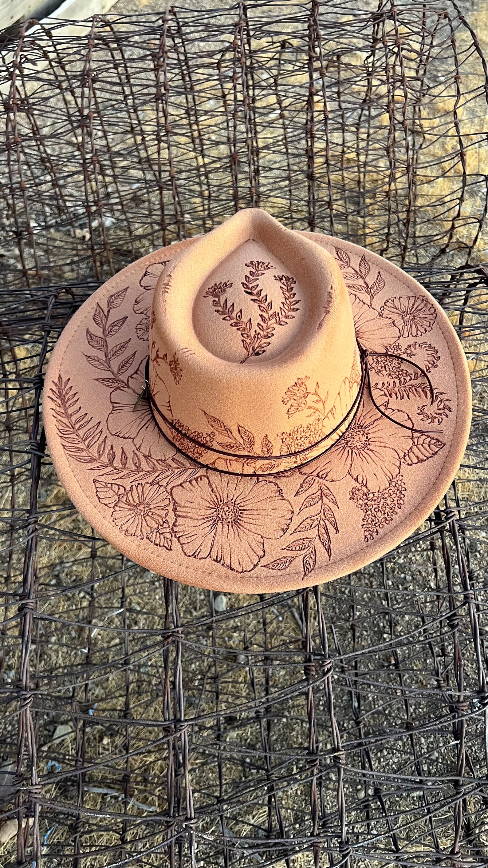 Beautiful Original Floral Freehand Custom Felt Burned Wide Rim Fedora ...